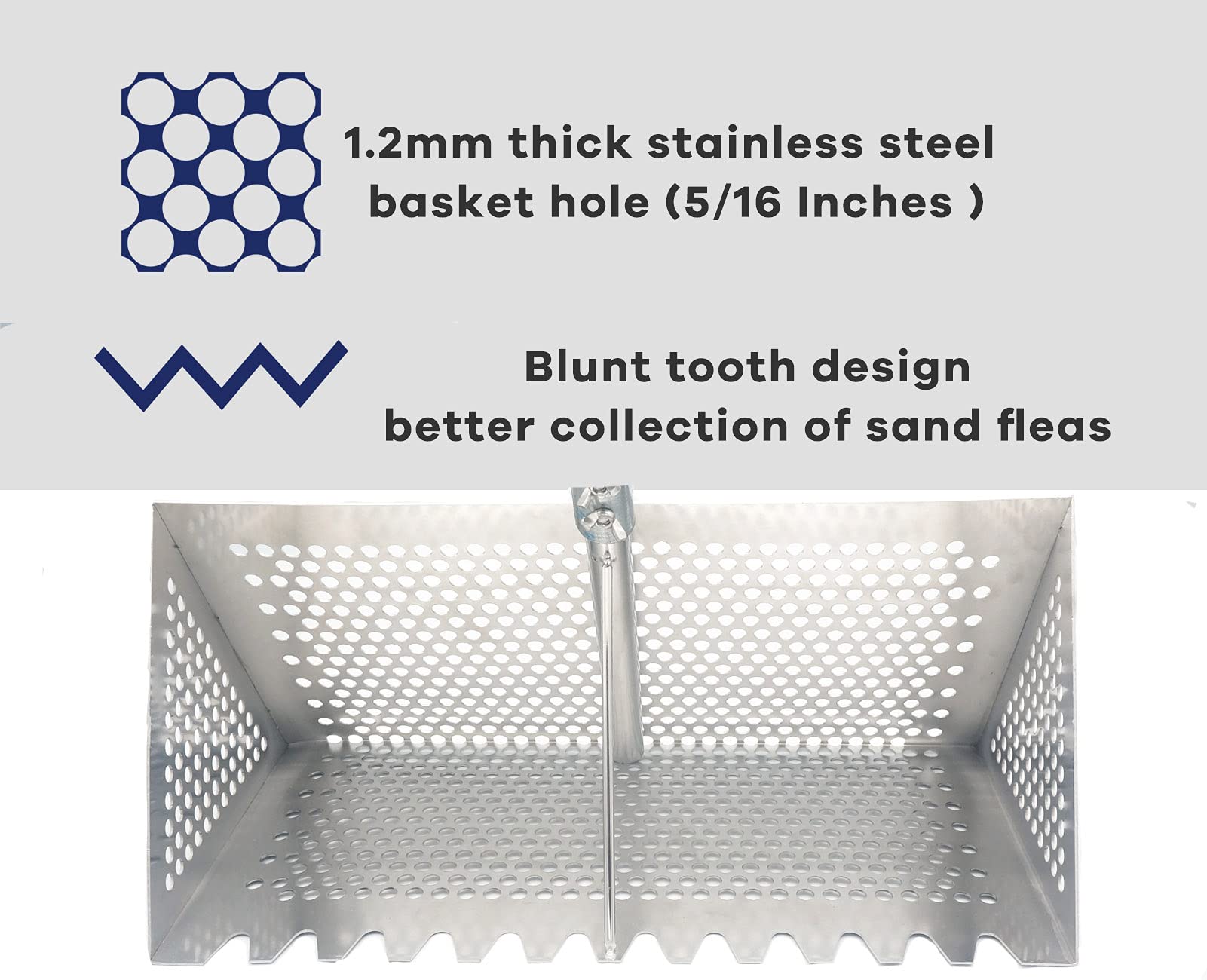Sand Fleas Rake, Stainless Steel Sand Sifter, Detachable 47 Inches Long Handle, 15.7 Inches Width Basket, Sand Crab Catcher with Sharp Teeth,Collapsible Sand Fleas Catcher for Travelling.