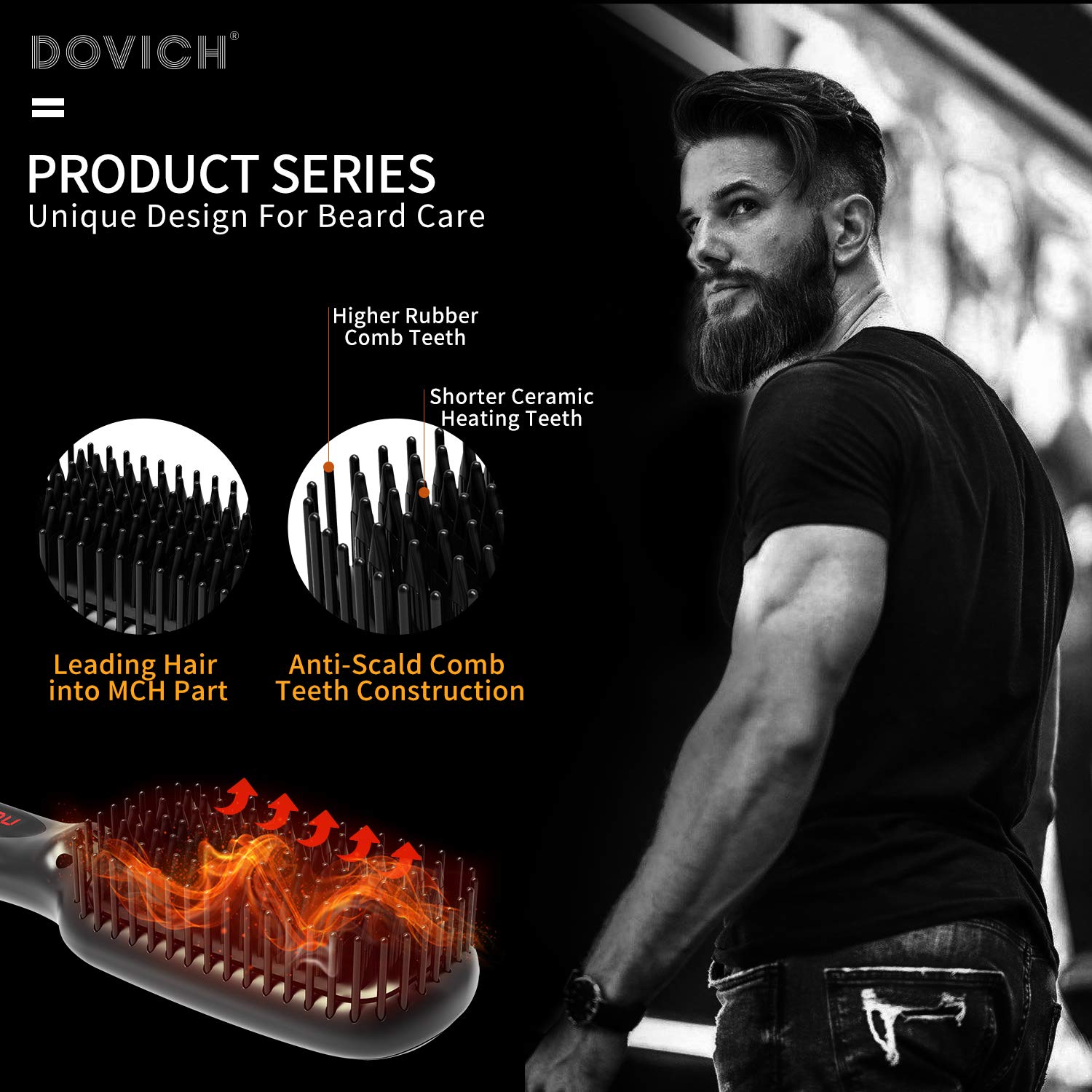 3 in 1 Beard Straightener for Men, Dovich Ceramic Heating with Anti-Scald Straightening Comb, Adjustable Temperatures with Led Display Ioinc Straightening Brush, Portable Detangling & Styling.