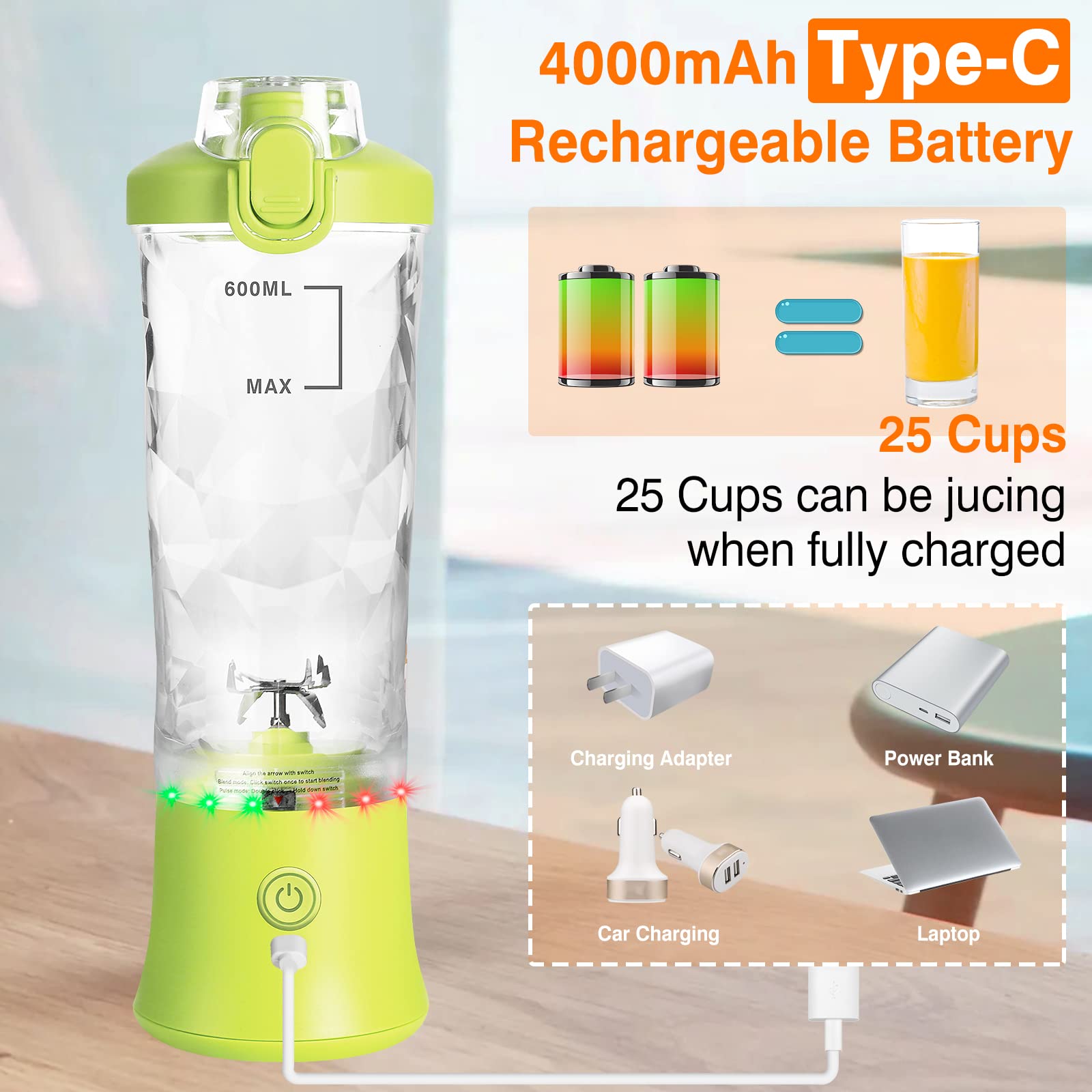 20oz Portable Blender, Personal Size Blender Smoothies and Shakes With 6 Blades, USB Rechargeable Blender Fruit Juicer with 2 Mixing Modes & LED Light, With for Kitchen Outdoor Gym Office (Yellow)