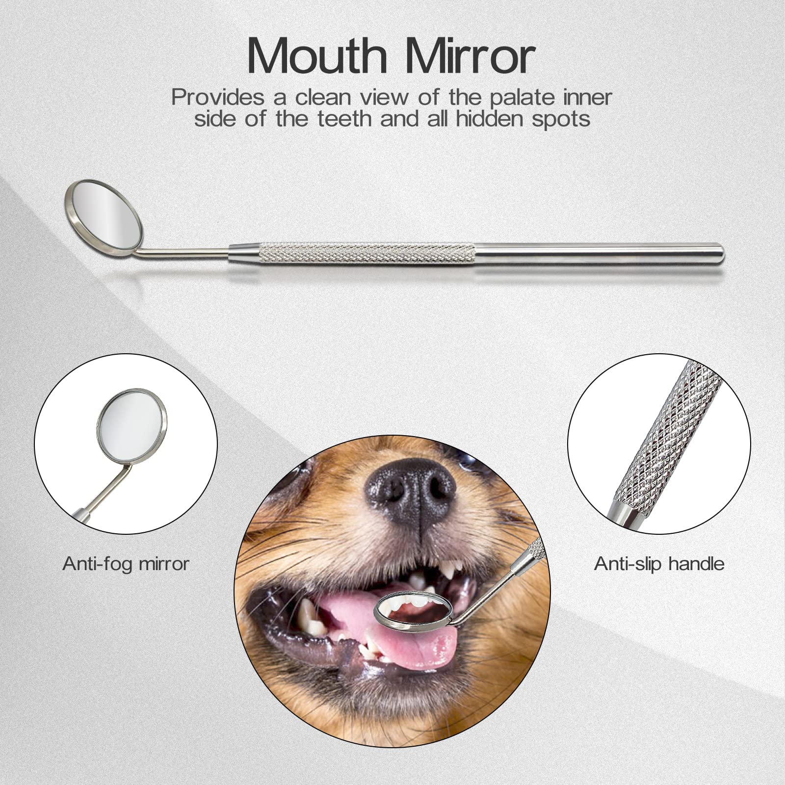 5 Pcs Dog Dental Tooth Scaler and Scraper Set with PU Carry Case, Including 2 Double-Headed Tartar Remover,1 Tooth Scraper, 1 Tweezers and 1 Mouth Mirror, Pet Teeth Cleaning Tools for Dog and Cat