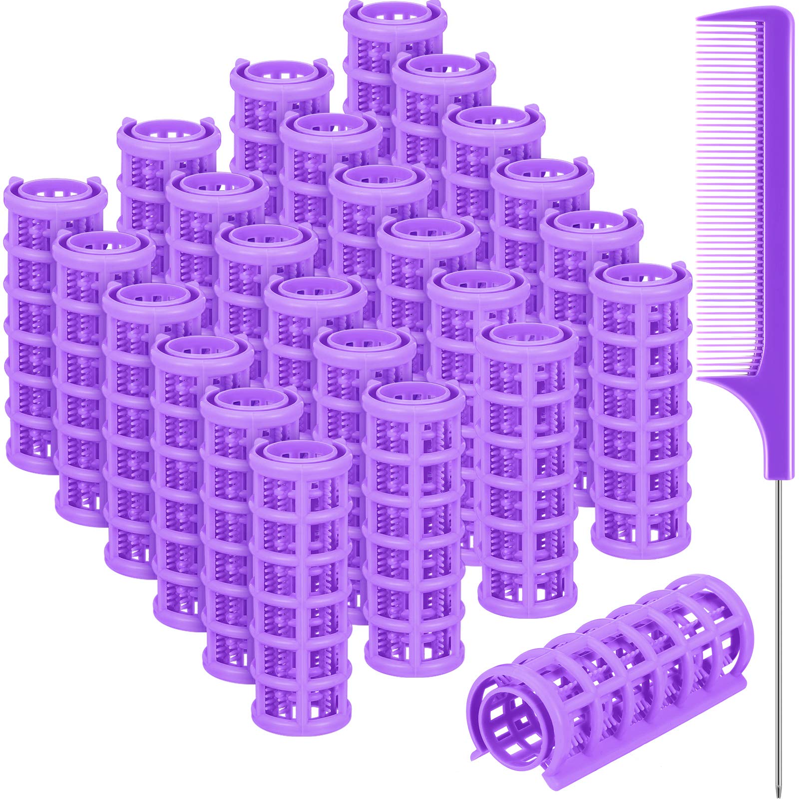 24 Pieces Hair Roller, Small Size Plastic Hair Rollers Hair Curlers with Steel Pintail Comb for Short Hair Long Hair Hairdressing Styling Tools (0.79 x 2.67 Inch, Purple)