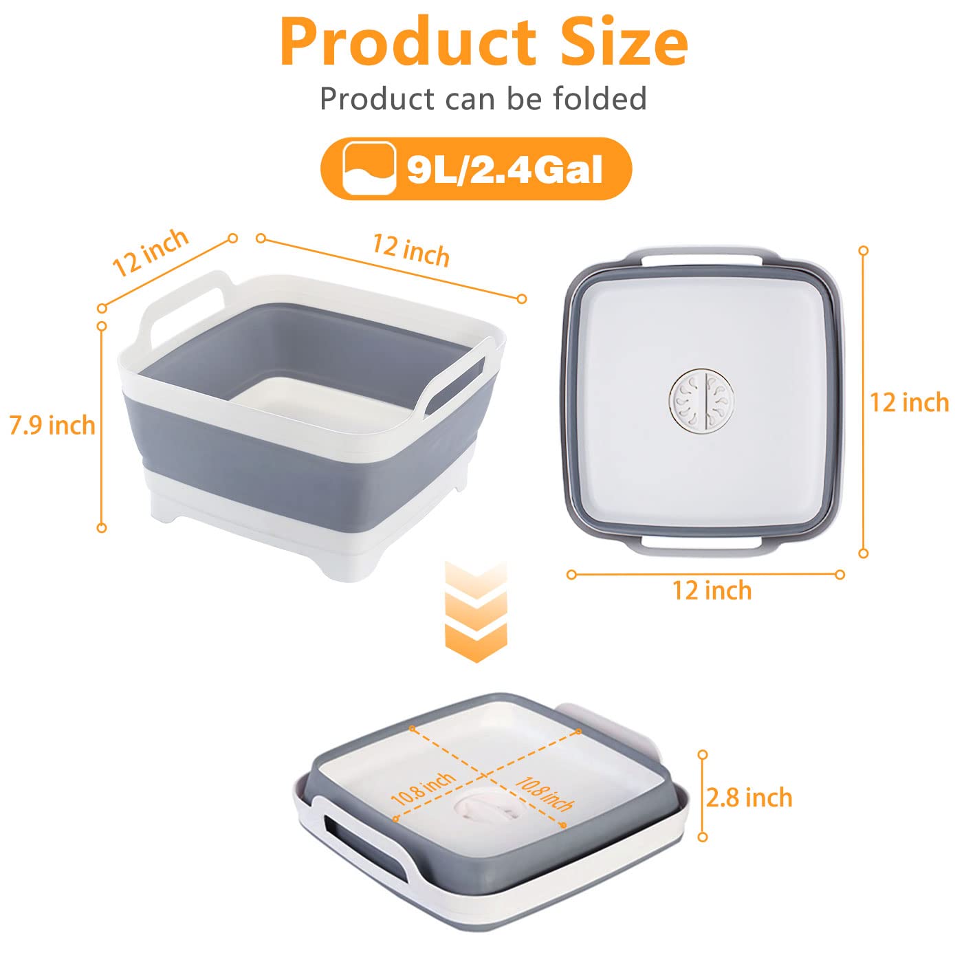 2.4 Gal(9L) Collapsible Dish Basin with Drain Plug, Space Saving Outdoor Multiuse Foldable Sink Tub, Dishpan, Kitchen Storage Tray for Camping, Vegetable Washing, RV (Grey)