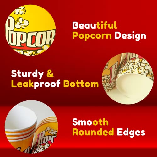 BLUFEU [50 Pack] 32 Oz Paper Popcorn Buckets – Leak-proof Disposable Popcorn Containers – Sturdy & Large Popcorn Cups Disposable for Movie night, Carnivals, Theme Party Decorations