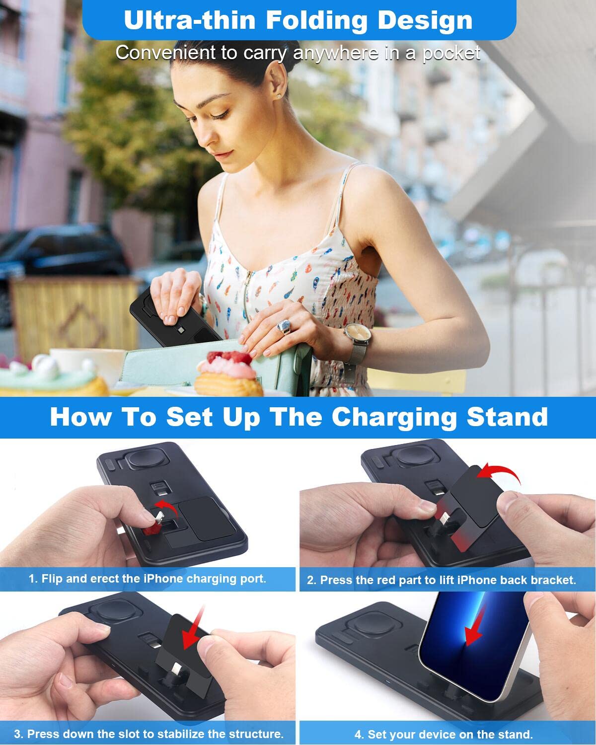 3 in 1 Charging Station for Apple Devices Foldable Charging Stand with 18W Adapter Compatible with iPhone Series AirPods Pro/3/2/1 Charging Dock for iWatch Series SE/7/6/5/4/3/2/1