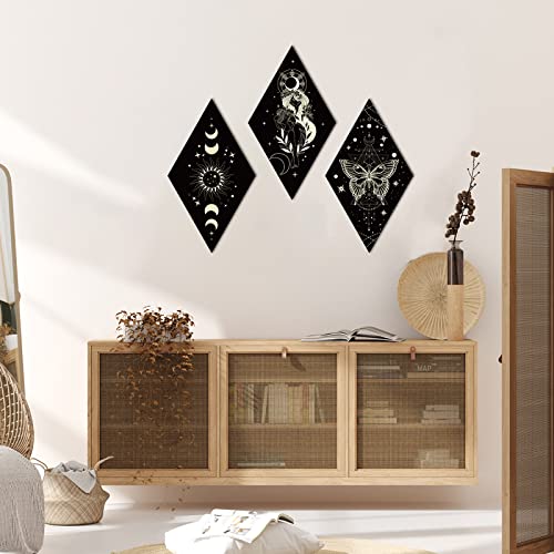 6 Pieces Hallowen Wall Decor Gothic Skeleton Boho Wall Art Moon Stars Sun Witchy Phases Home Decor Wooden Minimalist Wall Pediments for Halloween Gallery Living Bedroom Room (Boho)