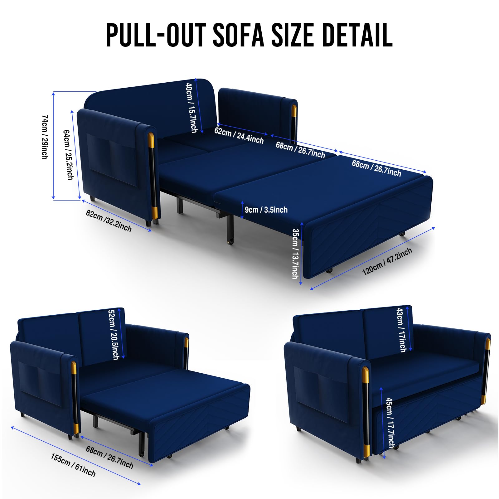 3 in 1 Convertible Sofa Bed, 54" Pull Out Couch 2 Seat Loveseat Sofa Modern Sleeper Sofa Linen Upholstered Fabric Sofa with 2 Pillows and Storage Armrest for Living Room - Black