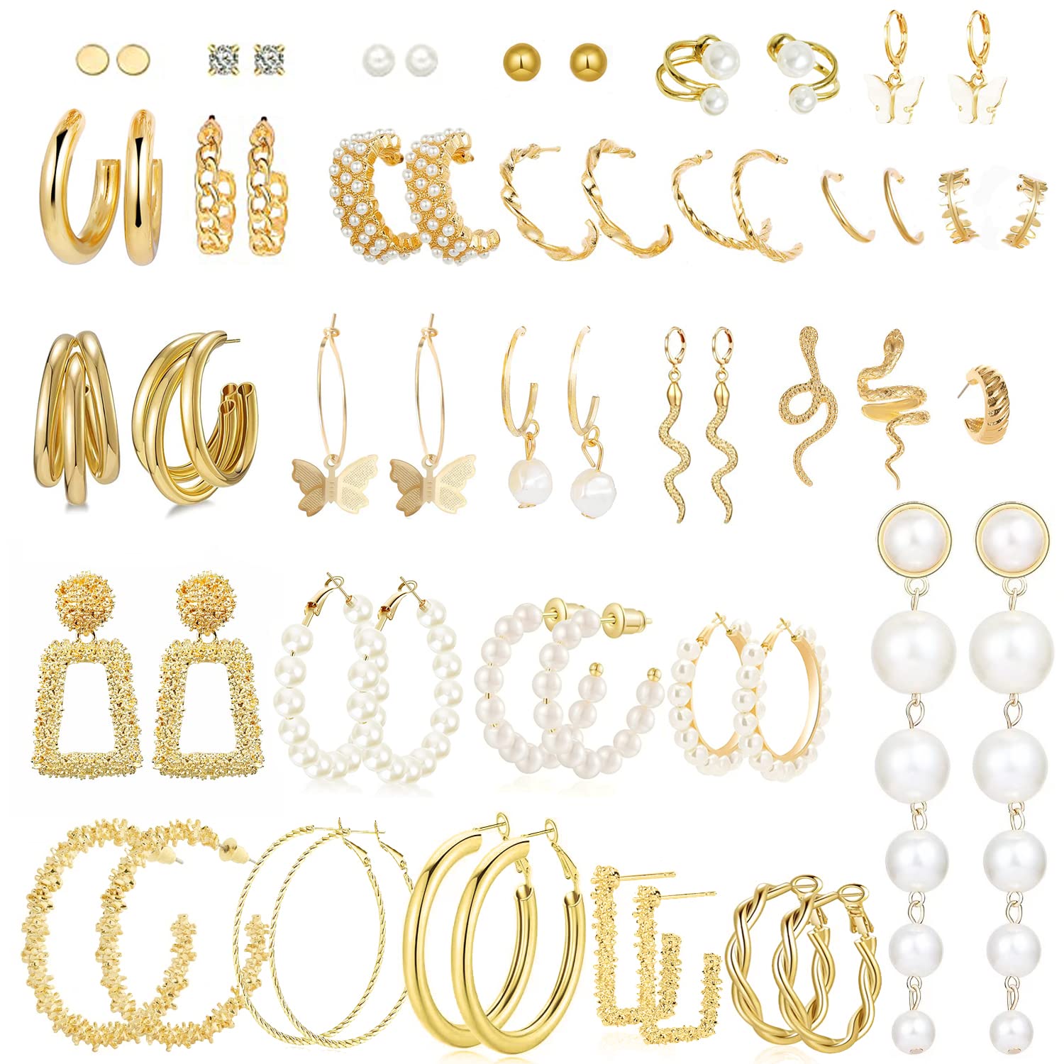 30 Pairs Gold Hoop Earrings Set for Women Girls, Multipack Pearl Earrings Set, Chain Link Stud Drop Dangle Earrings Boho Statement Paperclip Hypoallergenic Earrings for Gift