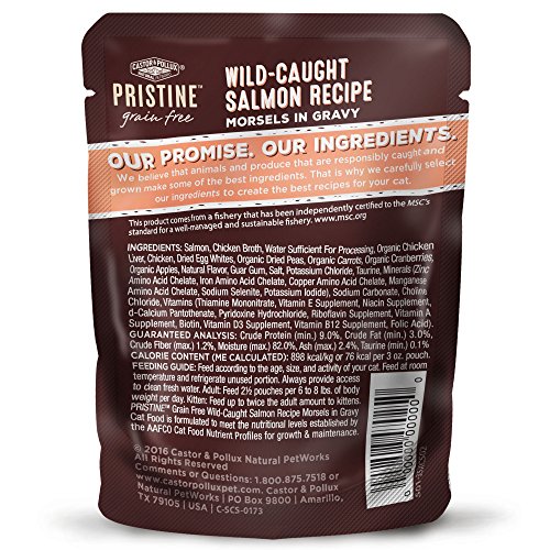 Castor & Pollux Pristine Grain Free Wild-Caught Salmon Recipe Morsels in Gravy Cat Food Pouches, (24) 3oz cans