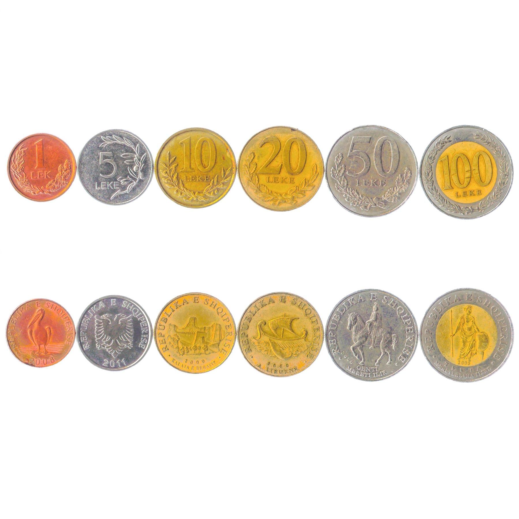 6 Coins from Albania | Albanian Coin Set Collection 1 5 10 20 50 100 Leke | Circulated 1995-2020 | Teuta | Genthios | Dalmatian Pelican | Two Headed Eagle | Berat Castle | Liburn Ship