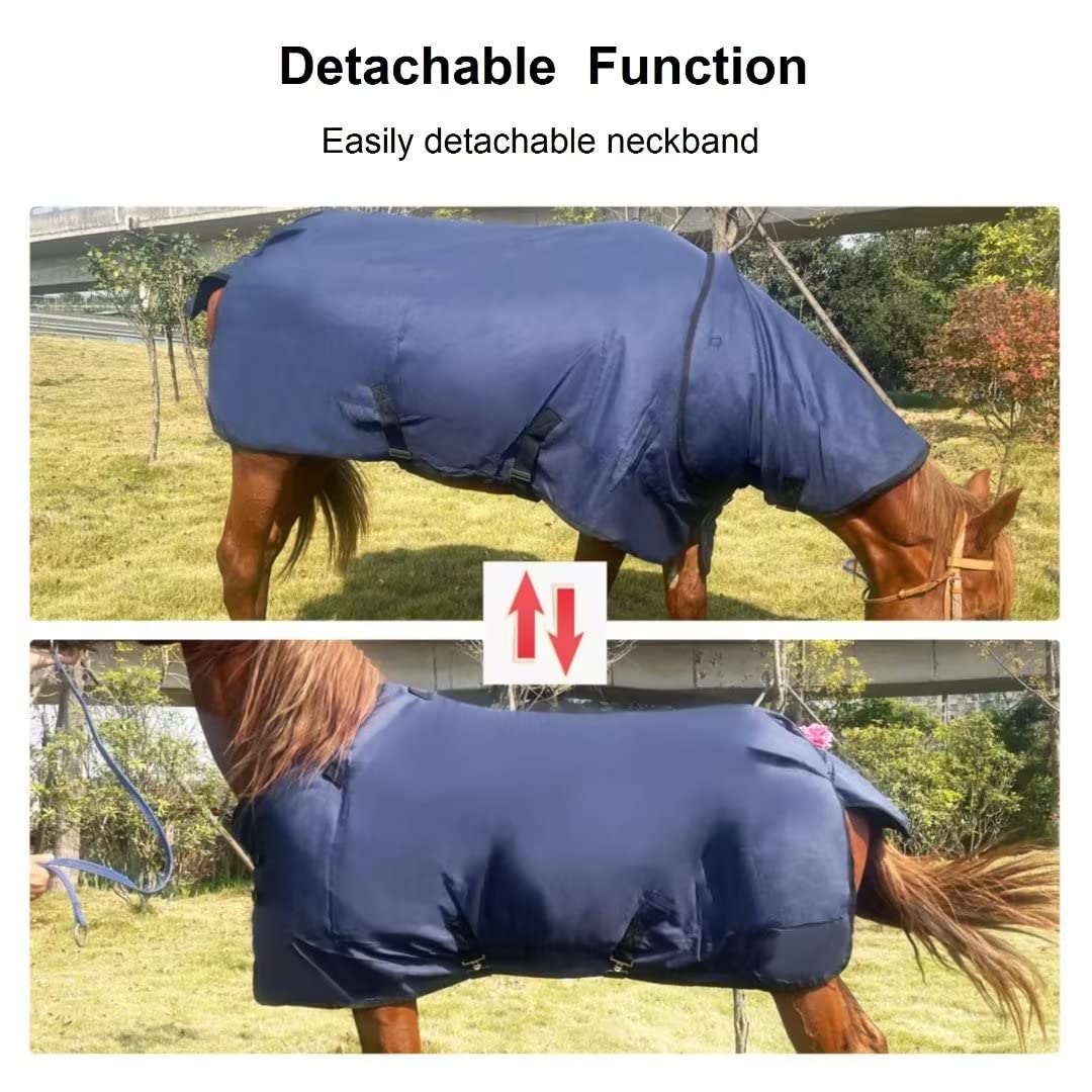 Waterproof Horse Turnout Blanket,Medium Weight Winter HorseTurnout Blanket (220g Fill) with Detachable Neck Cover,Blanket for Horse - Blue - 72 in