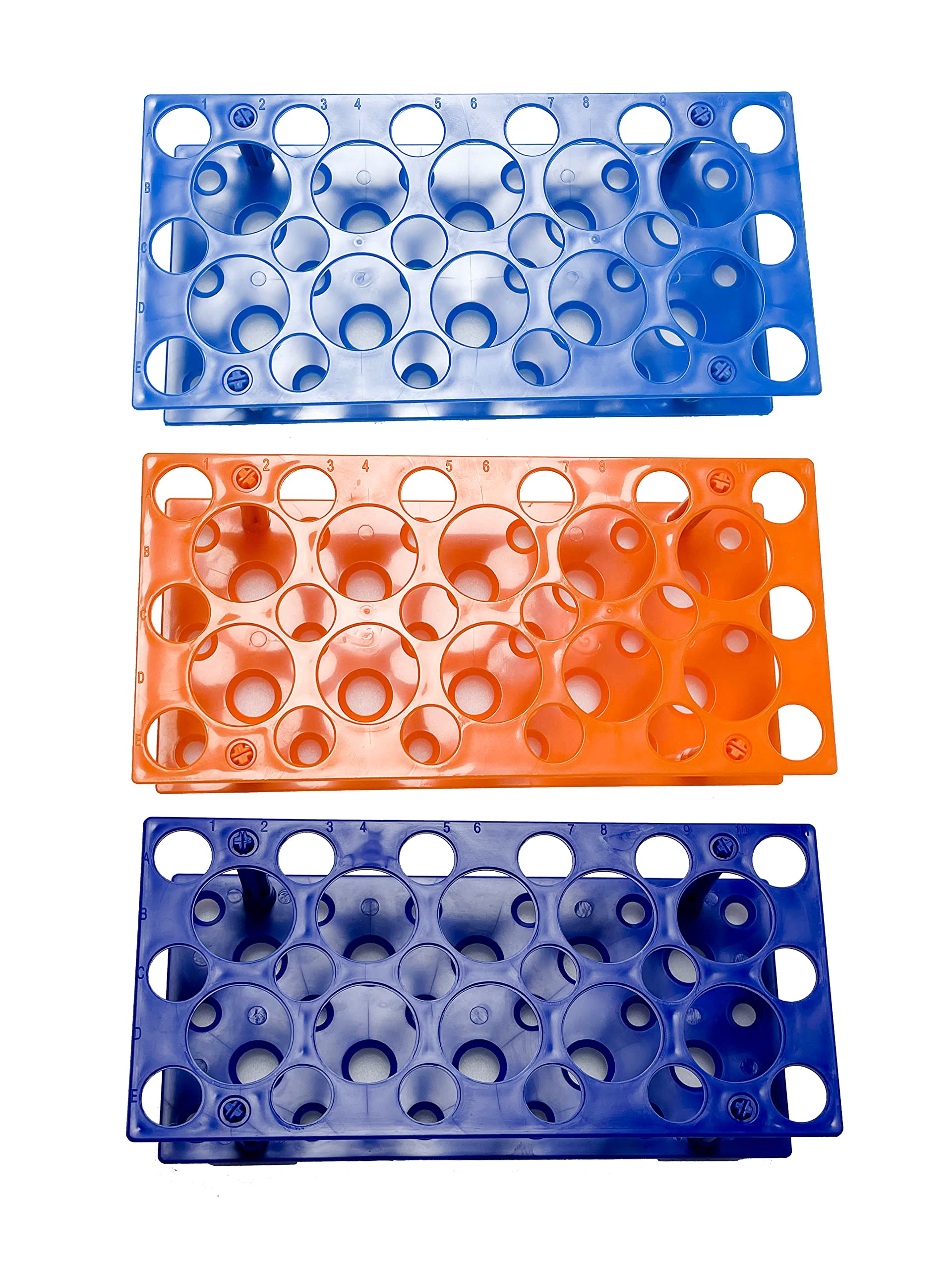 3PCS 28 Well Centrifuge Tube Rack for 10ml/15ml/50ml Laboratory Plastic Tube Rack Holder Colors Light Blue, Orange, Deep Blue