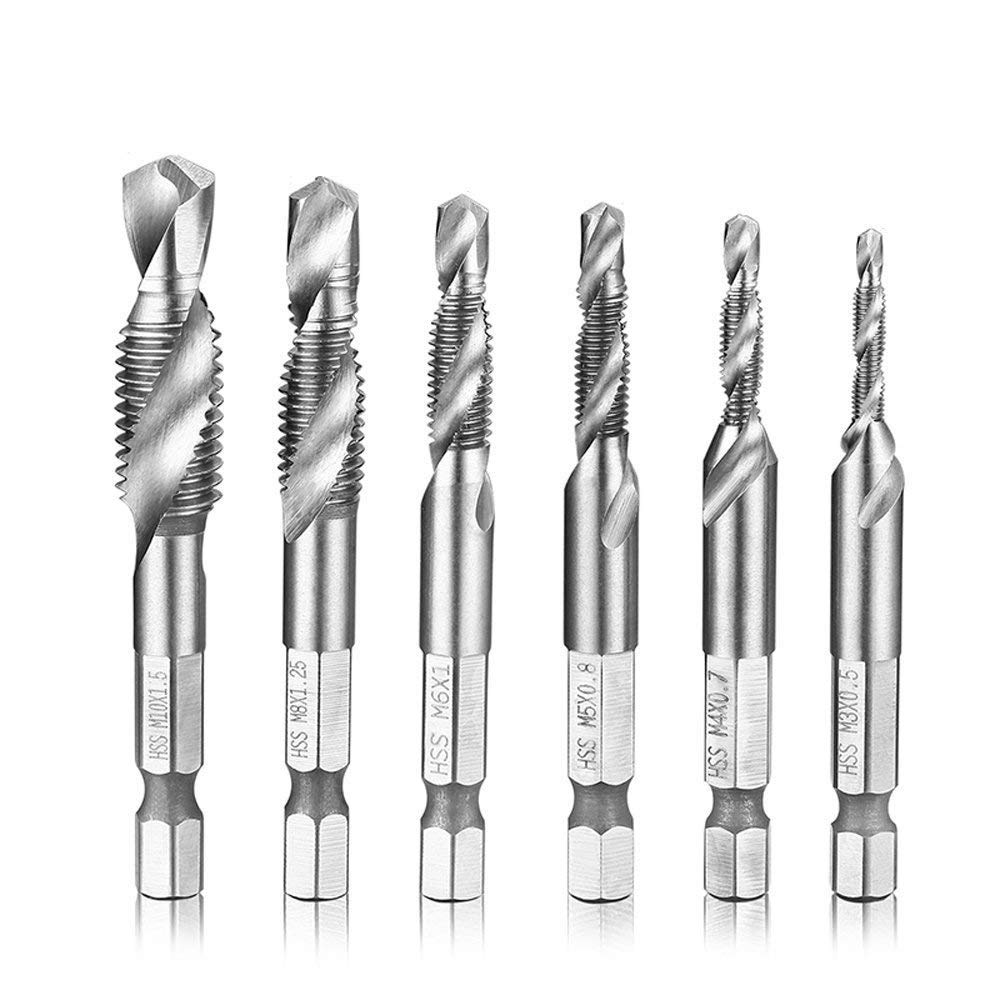 HUAZHICHUN 6Pcs Metric Drill Tap Set Hex Shank Combination Drill and Tap Bit Set HSS Screw Tap Deburr Drill Bits M3-M10