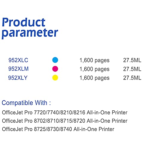 EASYPRINT (3X Pack) Compatible Ink Cartridge Replacement for 952 XL 952XL (Lastest Version Chips) Used for Hp OfficeJet Pro 8710 8720 7740 8740 7720 8210 8216 8725 8702, (Cyan/Magenta/Yellow)