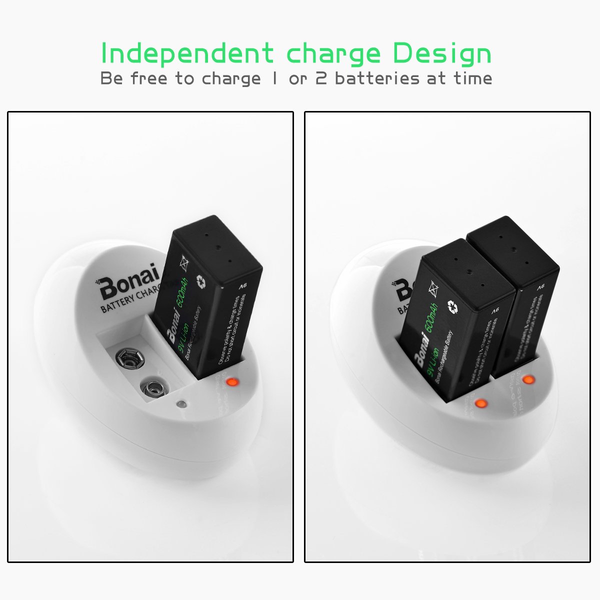 BONAI 9V Charger,2 Bay Independent Smart Battery Charger for 9V Rechargeable Li-ion & Ni-MH Batteries