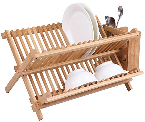 Lawei Bamboo Dish Drying Rack with Utensil Holder - Collapsible Dish Drainer Foldable Dish Rack Bamboo Plate Rack for Plates, Cups, Mugs, Utensil, Flatwares