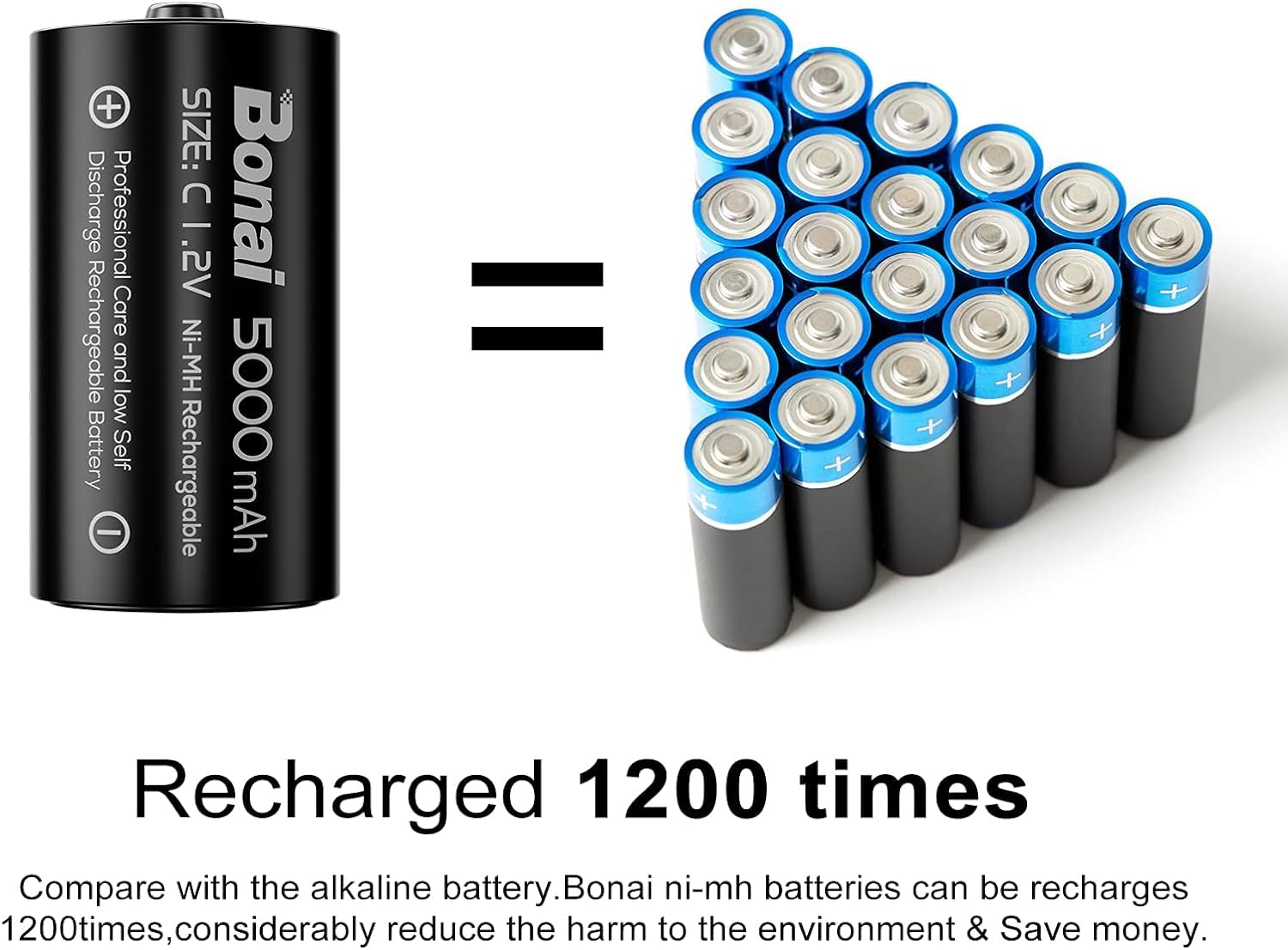 BONAI Rechargeable C Batteries, C Cells 5000mAh 1.2V Ni-MH High Capacity C Size Battery (4 Pack)