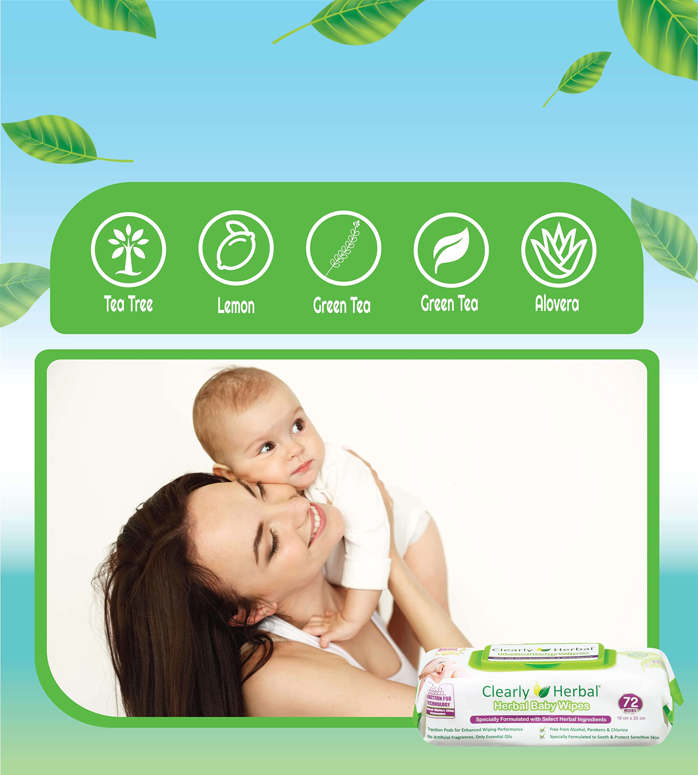 Clearly Herbal Baby Wipes, made with Essential Oils and Natural Herbal Extracts, Parent's Choice, Case Pack 864 Plant Based Wipes (12 Packs x 72 Count)