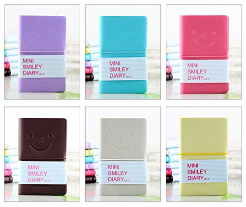 CRIVERS 5pc Portable mini smiley diary paper notebook, memo, leather case, 100 Sheets (Random Color)