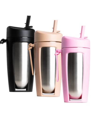 3rdphix Unique Shaped Insulated Stainless Steel Water Bottle, Sweat Proof, Built in Straw, Carry Handle, Hot or Cold Liquids, BPA Free Protein Shaker Bottle, Perfect for Gym 25 OZ / 750ML (Beige)