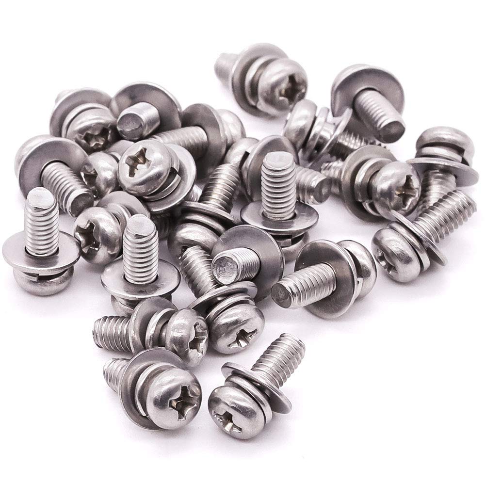 M4-0.7 x 6mm (100 Sets) Pan Head Machine Screws with Flat Washers and Lock Washers, Stainless Steel 304 (18-8), Phillips Drive, Full Coarse Thread UNC, Bright Finish