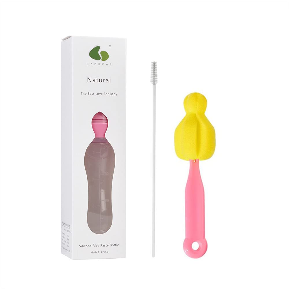 Gaodear Baby Food Feeder,Cartoon Silicone Squeeze Feeding Bottle with Dispenser Spoon for Babies Infant (Pink, 3oz/90ml)