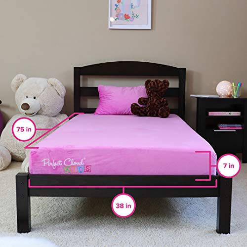 Perfect Cloud Made in The USA Kids Plush 7-inch Memory Foam Twin Mattress, Shredded Foam Pillow, and Teddy Bear for Day/Trundle/Bunk Bed - (Pink)