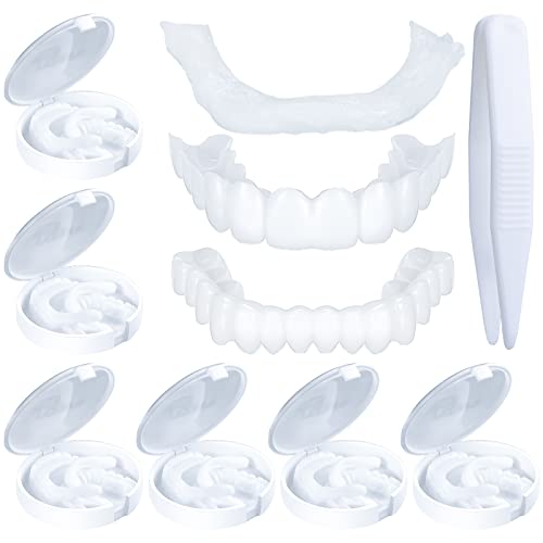 6 Set Fake Teeth Temporary Denture Teeth Veneer Snap in Teeth Confidence Smile Dentures Veneers Fake White Teeth with Mini Tweezers for Men and Women Bad Teeth Whitening Alternative