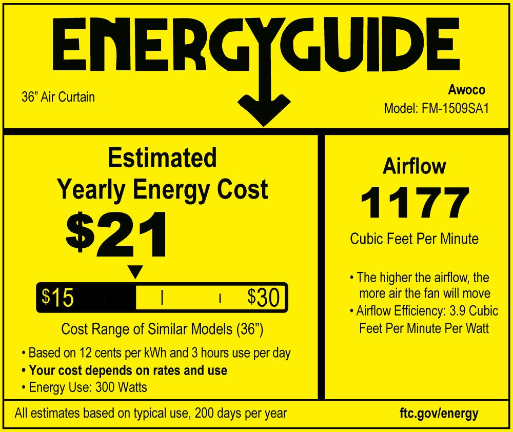 Awoco 36” Super Power 2 Speeds 1200 CFM Commercial Indoor Air Curtain, UL Certified, 120V Unheated with an Easy-Install Magnetic Switch