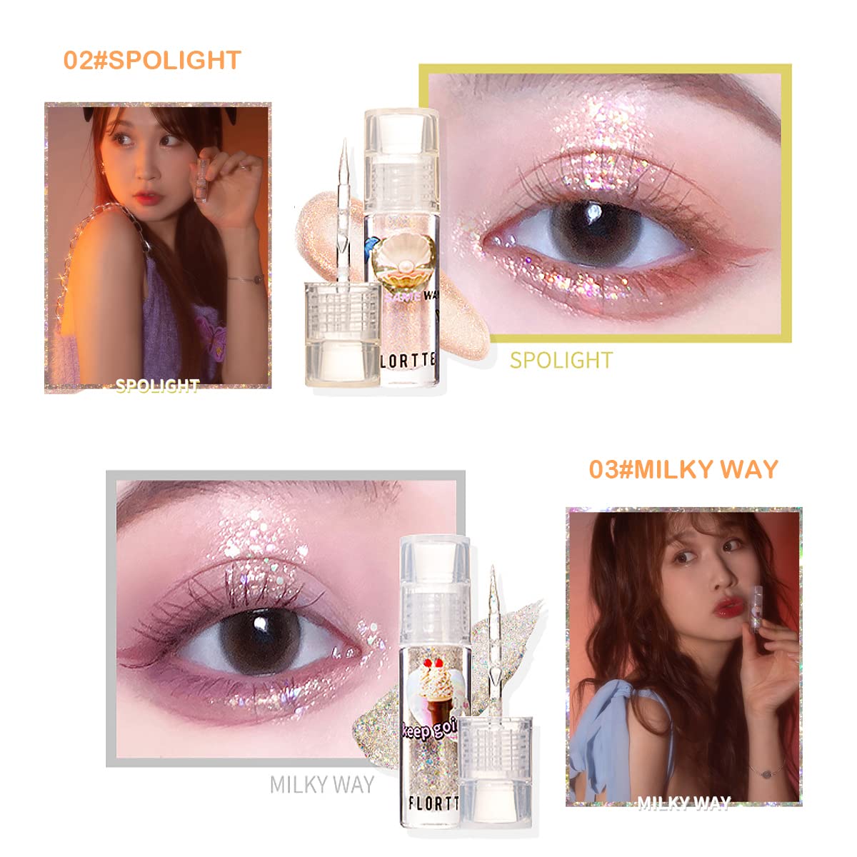 2PCS Flortte Liquid Glitter Eyeshadow, Korean Makeup Star Diamond Streamer Liquid Eyeshadow, Bling Pigmented Eye Makeup Sparkling Korean Eye Glitter, Easy to Apply Liquid Glitter Eyeshadow, Long Lasting Glitter Eyeliner Liquid Shimmer Eyeshadow (02+03)