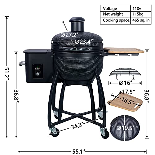 24" Ceramic Pellet Grill with 19.6" Diameter Gridiron Double Ceramic Liner 4 in 1 Smoked Roasted BBQ Pan-roasted for Outdoors Patio, Black