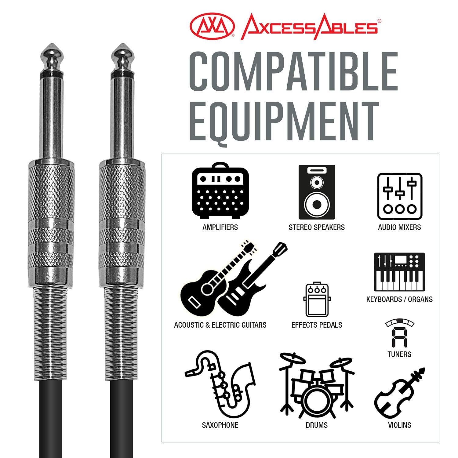 AxcessAbles 1/4 Inch to 1/4 Inch TS Guitar Audio Cable- 10ft | 6.35mm Instrument Cable | Amp Cable for Guitar | Unbalanced 1/4 Patch Cord-10ft