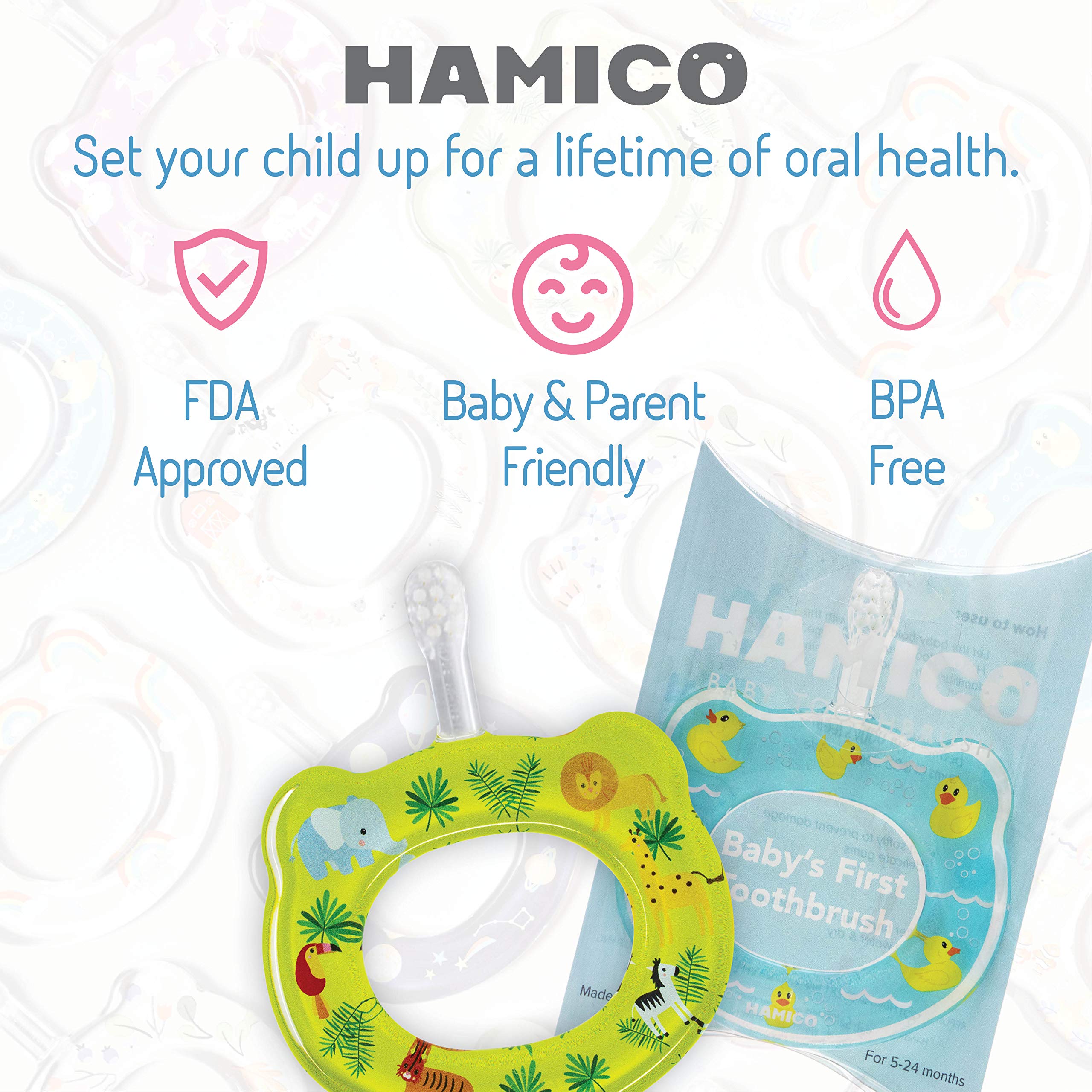 HAMICO Baby Toothbrush Gentle, Extra- Soft Bristles for Baby’s First Toothbrush | Easy Grasp-No Overreach Infant Toothbrush | BPA Free | 2-Pack: Rubber Ducks & Jungle Animals