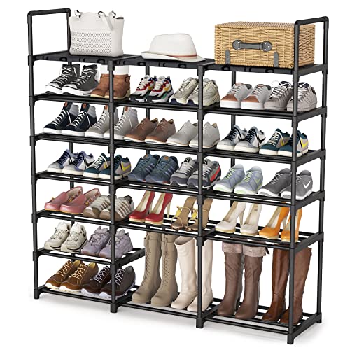 7 Tiers Large Shoe Rack, 38-42 Pairs Large Metal Boot Shelf 3 Rows Shoe Organizer Stackable Shoe Storage Cabinet Top with Waterproof PP Plastic Sheet Space Saving for Entryway Room Organization