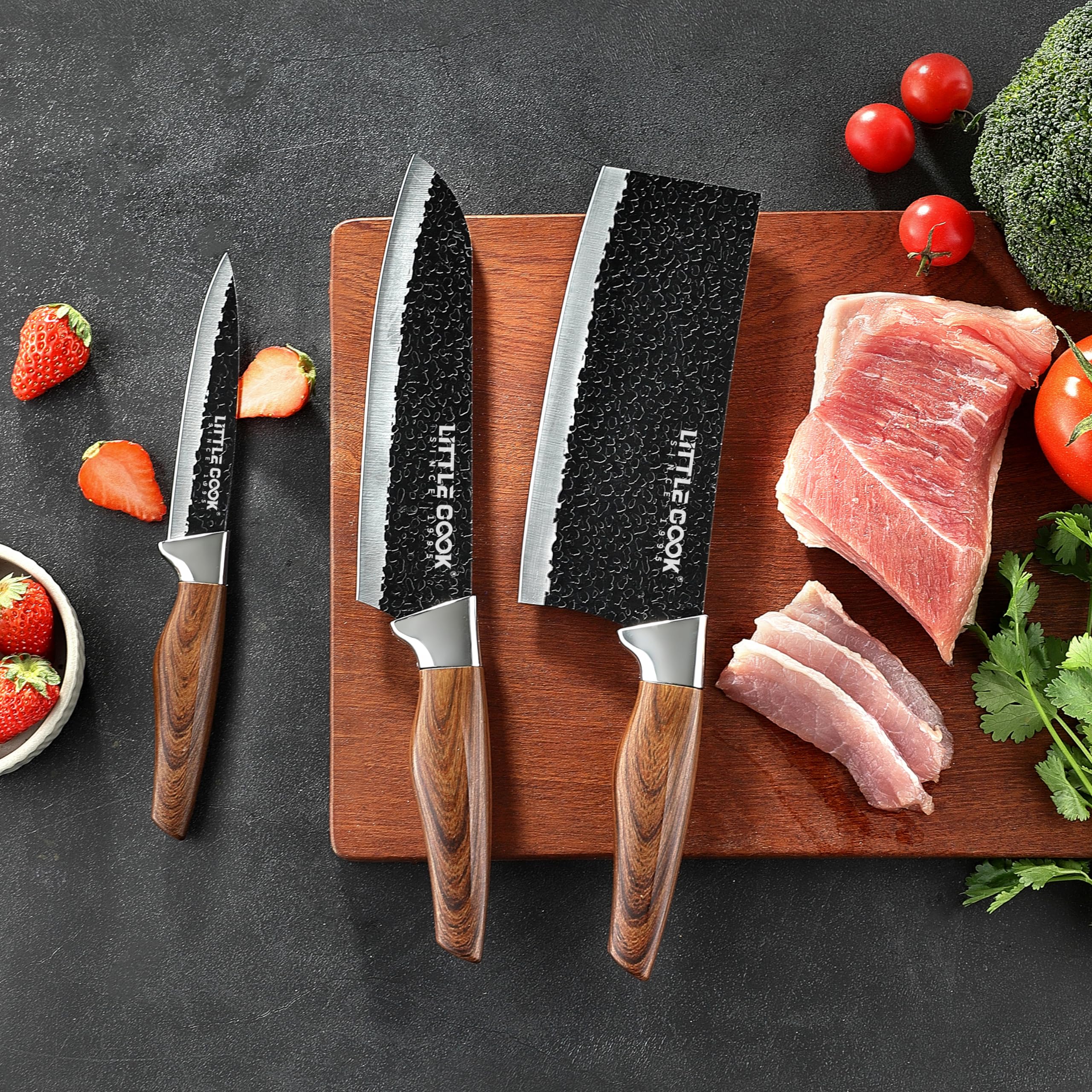 3PCS Chef Knife, Little Cook Chef Knife Set, Includes 7 inch Chef Knife, 7 inch Cleaver Knife and 4.5 inch Boning Knife, Premium Stainless Steel With Ergonomic Plastic Handle (Blackening technique)