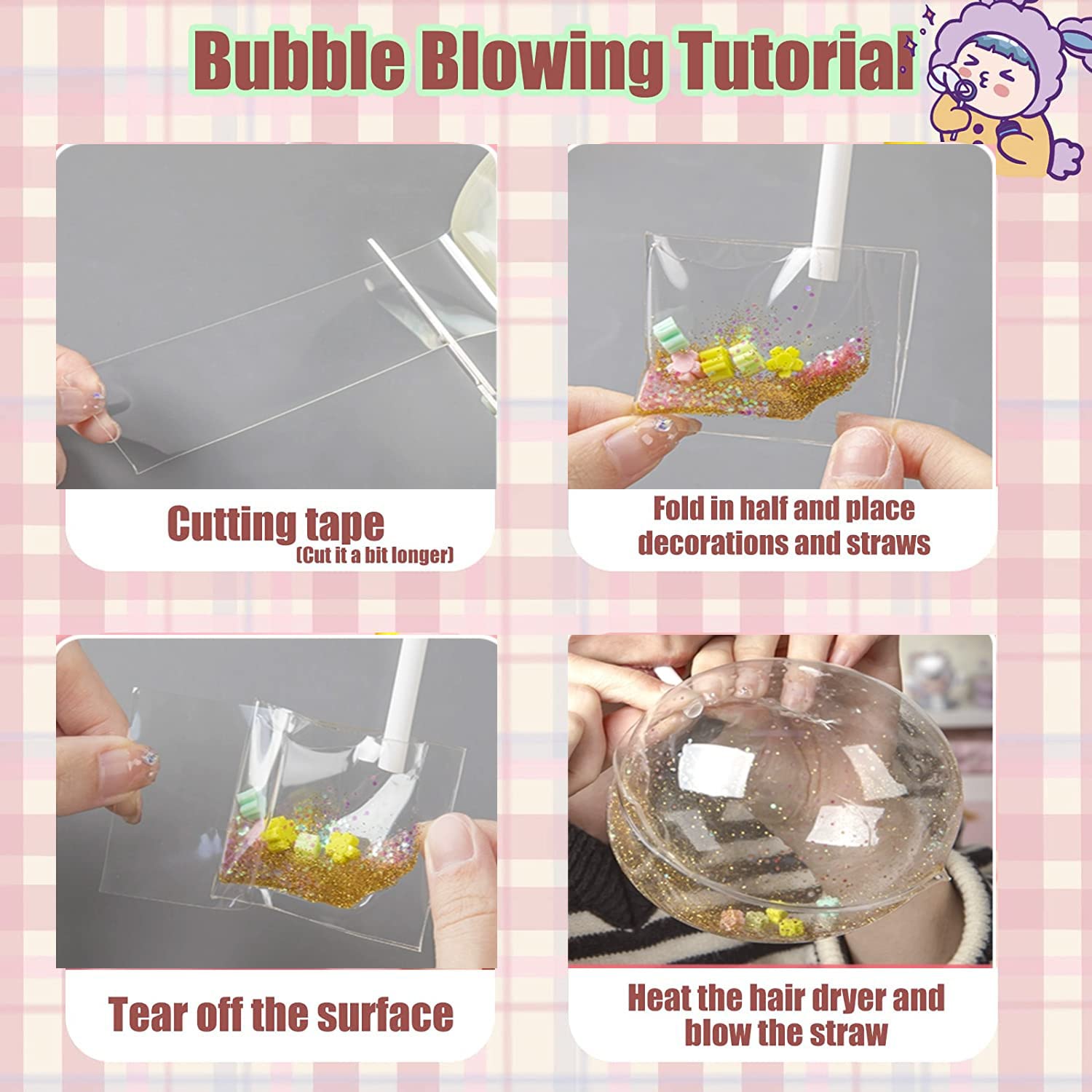 2 Pcs Nano Tape Bubbles Kit,(9.84ft × 2inch) Pink + Yellow Big Nano Tape Kit Toy with Glitter and Inflator,Tape Magic Plastic Bubbles Balloon, Nano Tape Elastic Bubble Craft Kit, Party Birthday Gift
