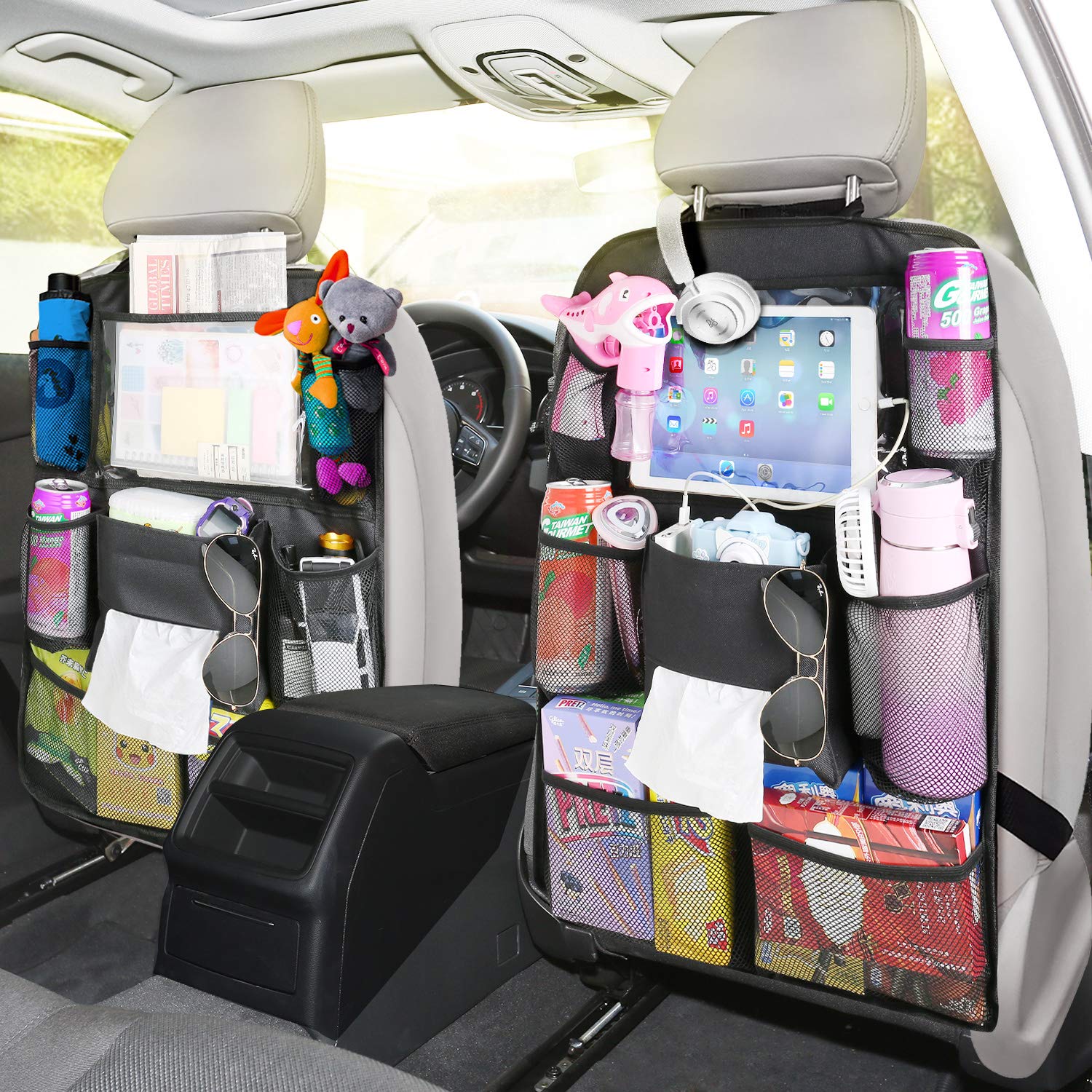 Car Back Seat Organizer Foldable Car Storage Organizer Car Seat Back Protectors with Hole for USB/Headphone/Charging Kick Mats Back Seat Protector with Touch Screen Tablet Holder Tissue Box
