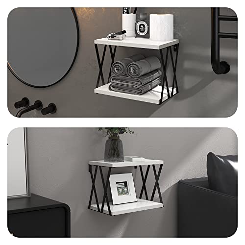 Afuly Bedside Table Wall Mounted, 2 Tier Rustic Wood Floating Nightstand for Bedroom Decor Storage, Black Wall Bedside Shelf for Home Livingroom Bathroom Kitchen Decorative