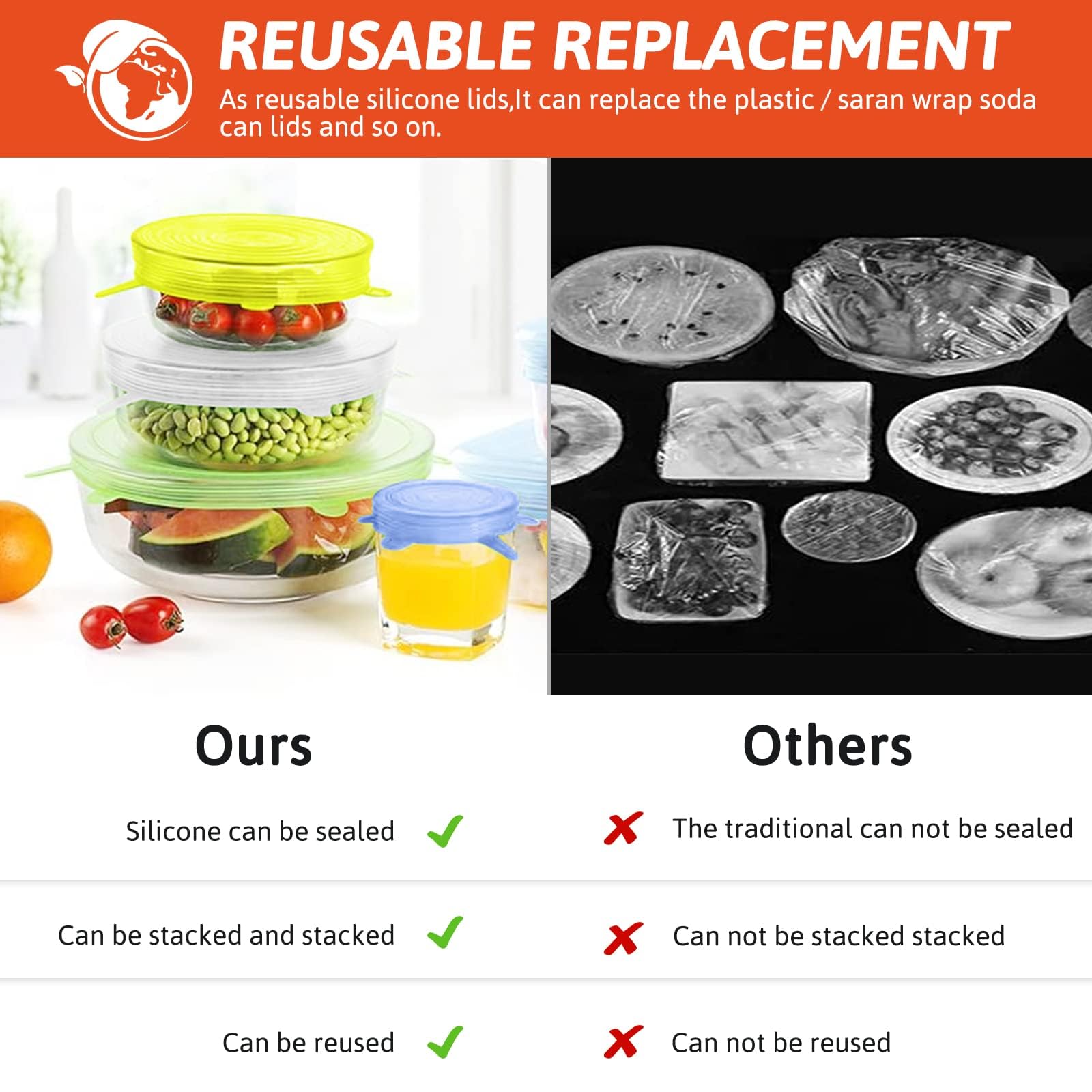 24 Pcs Silicone Stretch Lids, 100% Safe Food Grade Silicone 6 Different Sizes Silicone Lids to Meet Most Container, Microwave Cover for Food Storage, Silicone Can Cover, Silicone Bowl Covers