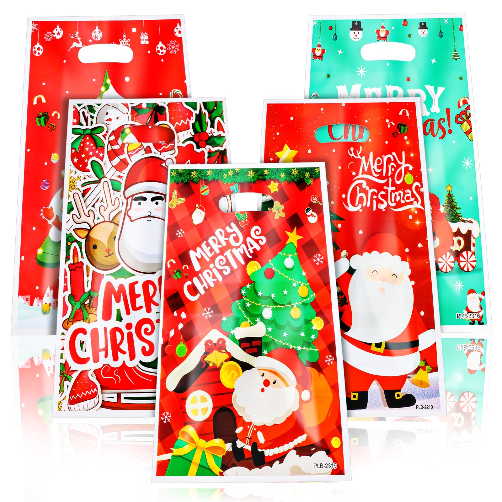 Abeillo 50Pcs Christmas Goodie Bags for Kids, Santa Claus Theme Party Favor Bags Christmas Gift Bags Medium Size Plastic Gift Bags Bulk for Kids (10 x 7Inch)