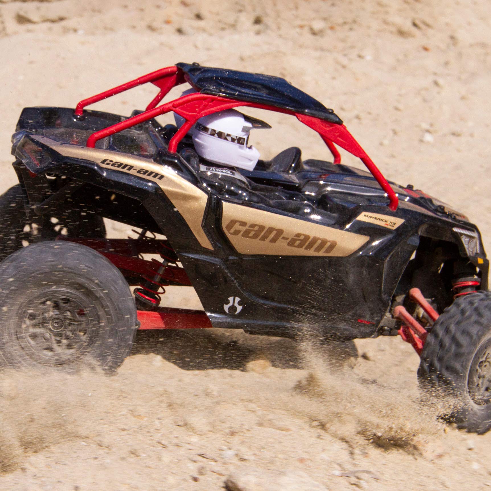 Axial Yeti Jr. Can-Am Maverick X3 RC Rock Racer 4WD Brushed Off-Road Side-by-Side 1/18 Scale RTR (Includes 2.4 Ghz Transmitter, Battery & Charger): AXI90069,Red, Gold and black