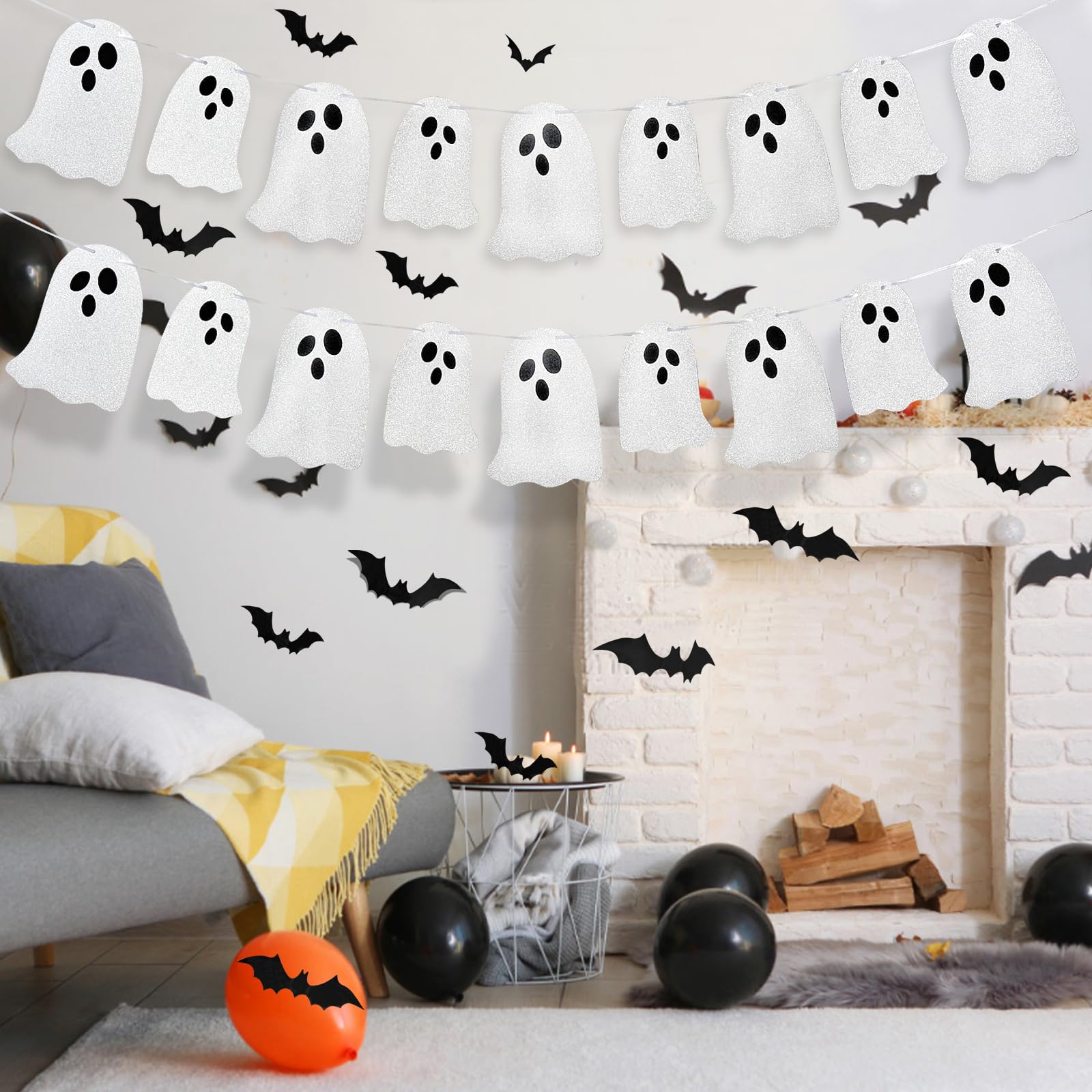 2pack Glittery Halloween Ghost Banner with 24pcs 3D Scary Bat Stickers for Halloween Decoration Haunted Houses Doorways Indoor Outdoor Mantel Wall Decor