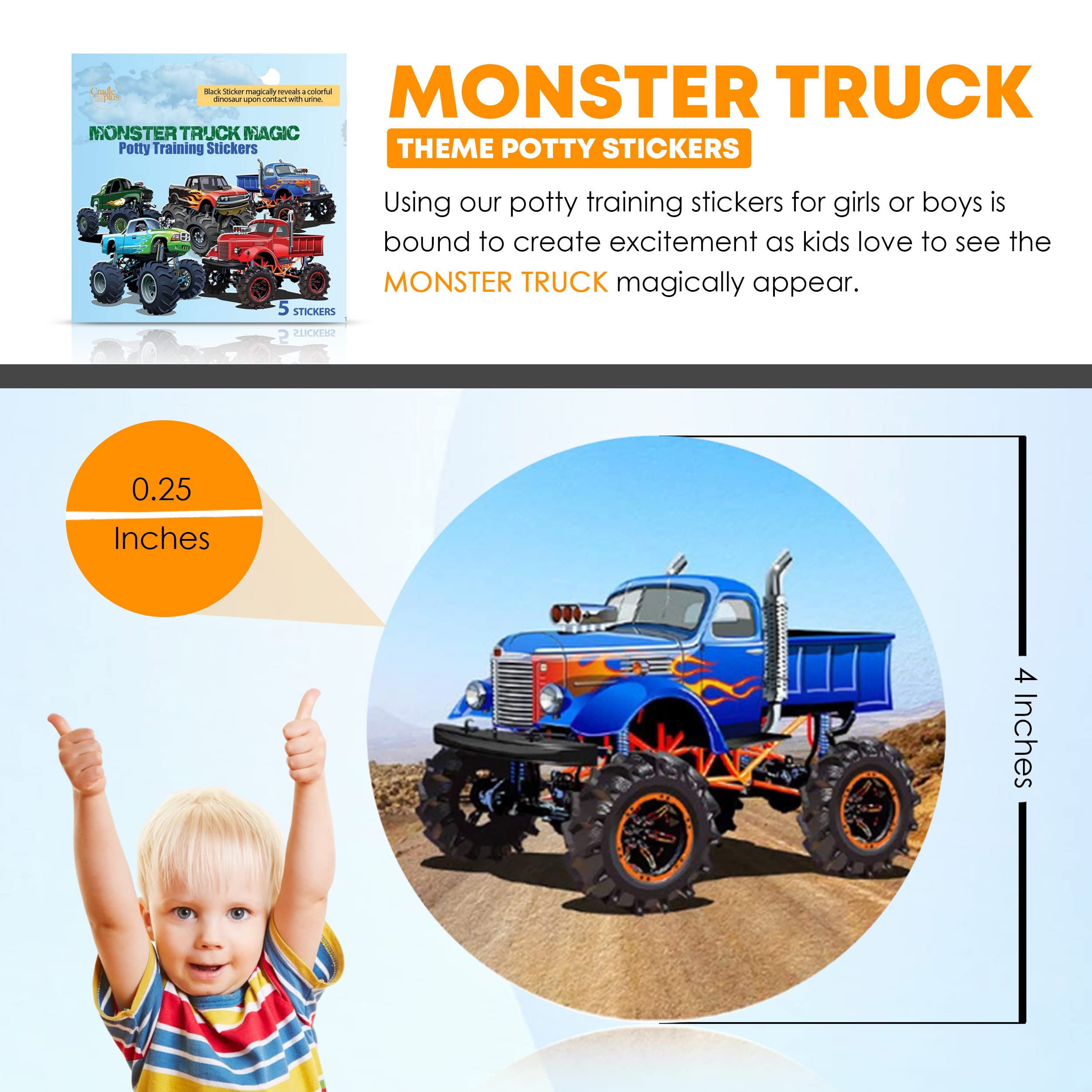 Potty Training Seat Magic Sticker |Monster Truck Toddler Potty Training Toilet Color Changing Sticker | 5Pack Toilet Targets with Free Potty ebook | Use with or Without Potty Chart or Potty Watch