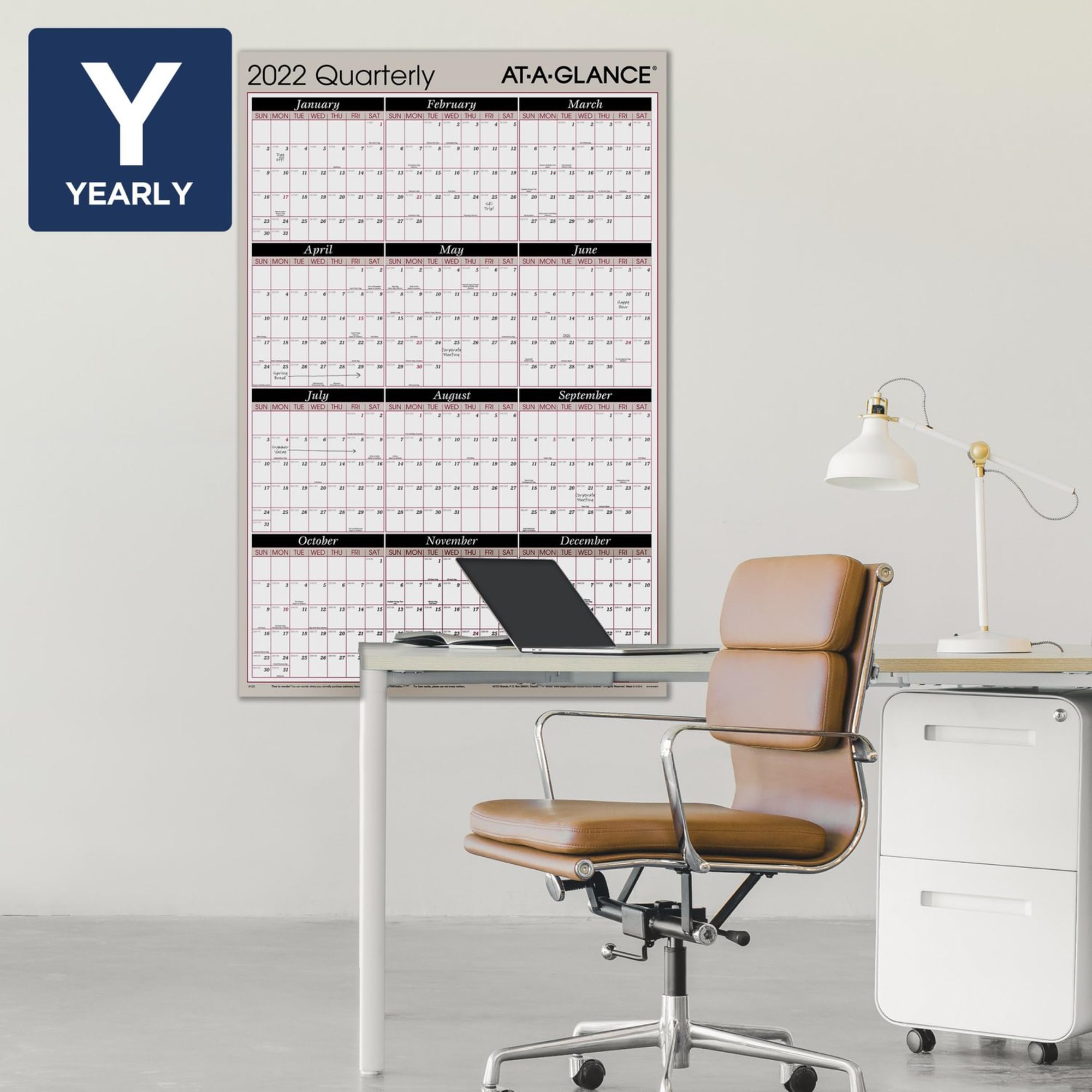 2022 Erasable Calendar, Dry Erase Wall Planner by AT-A-GLANCE, 36" x 24", Large, Vertical/Horizontal, Reversible, Quarterly, Red (A123)