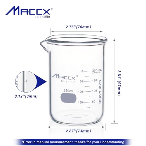 Maccx 8.5oz(250ml) Sturdy Glass Beaker, Heavy-Duty Lab Beaker Set, 3.3 Borosilicate Griffin Low Form with Printed Graduation, Pack of 6, BKL250-006