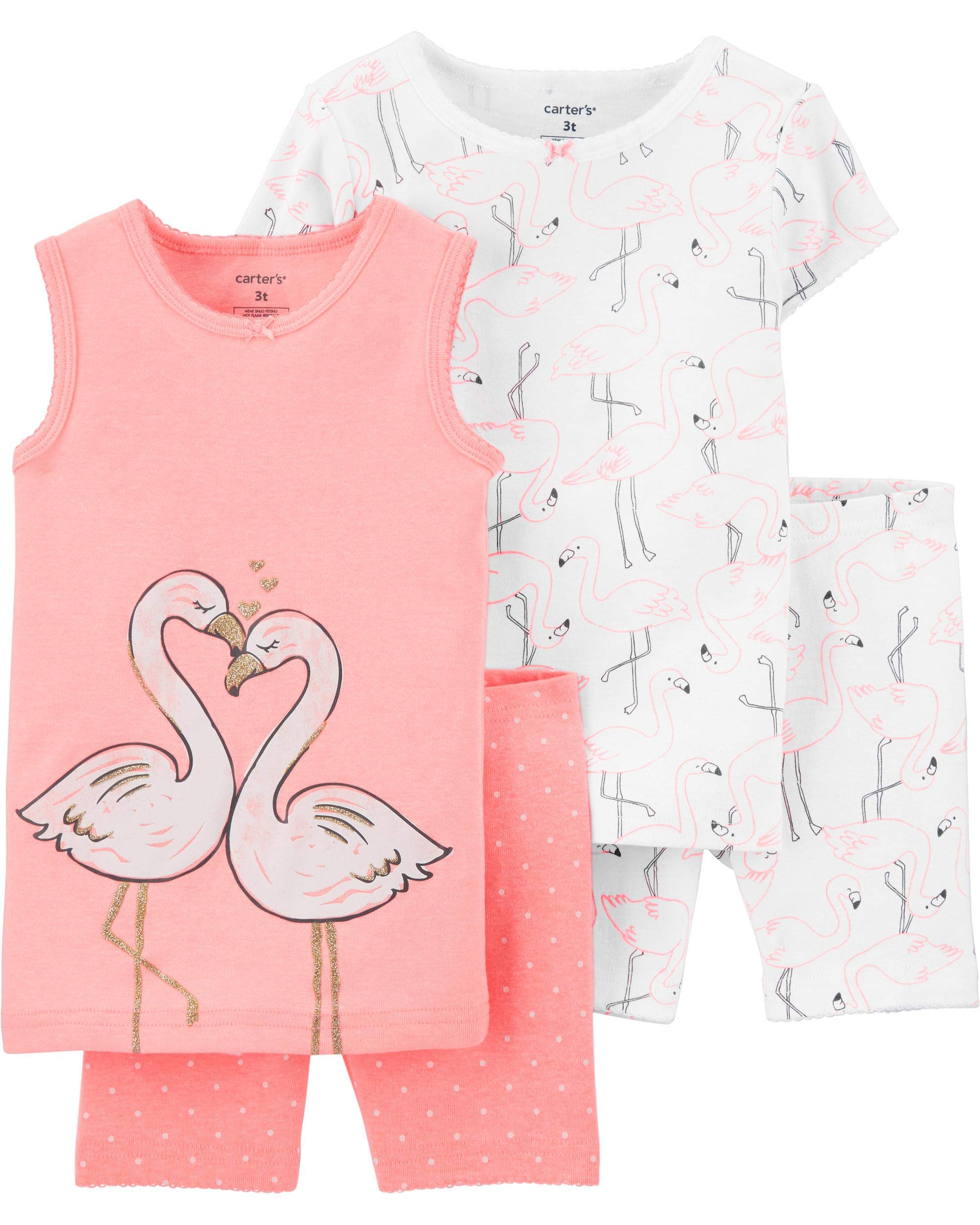 Carter's Toddler and Baby Girls' 4 Piece Cotton Pajama Set (Neon Flamingo, 4t)