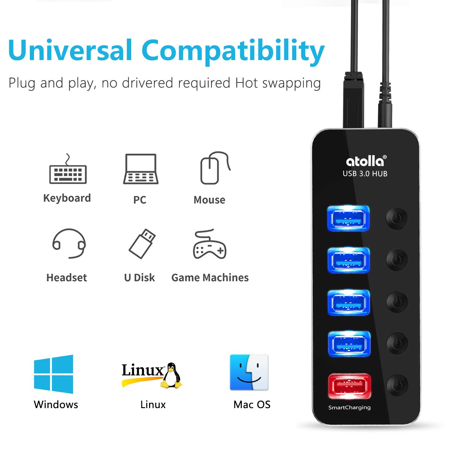 Powered USB Hub, atolla Aluminum 5-Port USB 3.0 Hub with 4 USB 3.0 Data Ports and 1 USB Smart Charging Port, USB Splitter with 5V/3A Power Adapter and Individual Switches