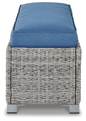 Signature Design by Ashley Naples Beach Casual Outdoor Bench with Cushion, Light Gray & Blue