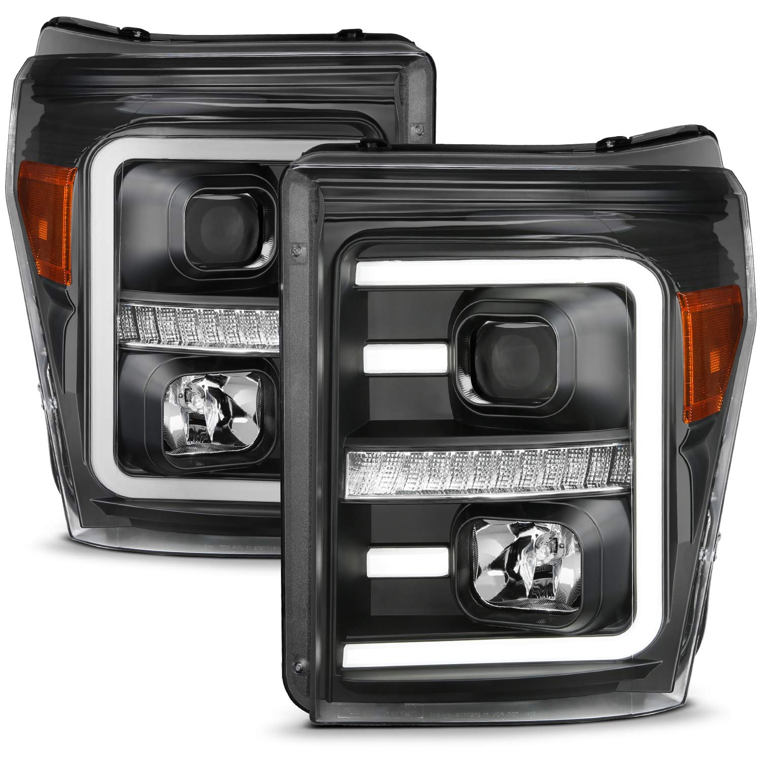 AmeriLite Replacement Headlights for 2011-2016 Ford F250/350/450 Super Duty Switchback LED Tube Projector Black Assembly Set - Passenger and Driver Side