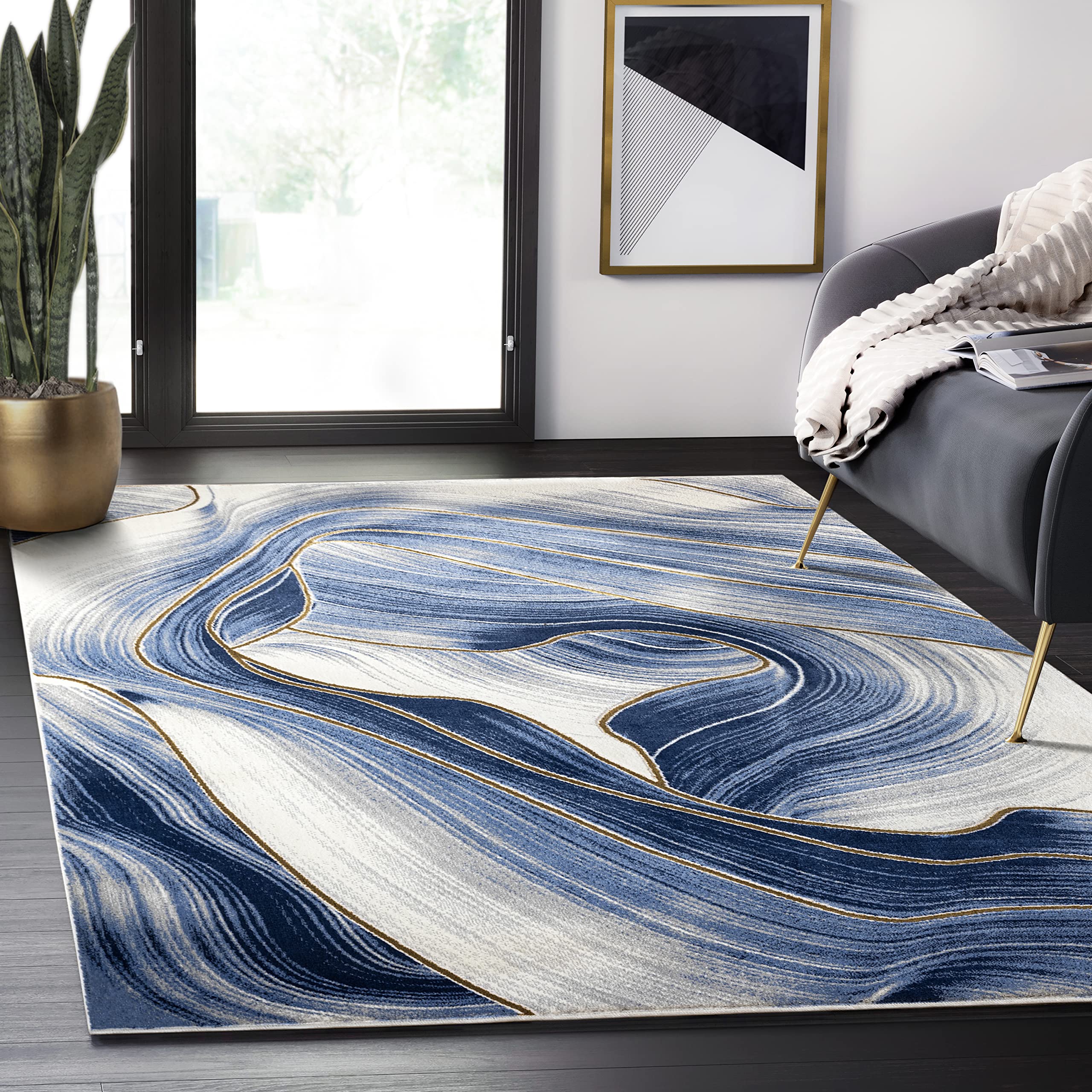 Abani Blue & Ivory Metallic Contemporary Ribbon Area Rug, Rugs Swirl Design Neutral Non-Shed 6' x 9' Bedroom Rug