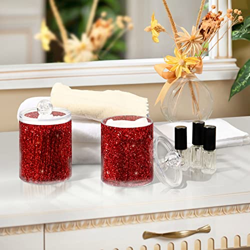 ALAZA 4 Pack Qtip Holder Dispenser Red Glitter Bathroom Organizer Canisters for Cotton Balls/Swabs/Pads/Floss,Plastic Apothecary Jars for Vanity